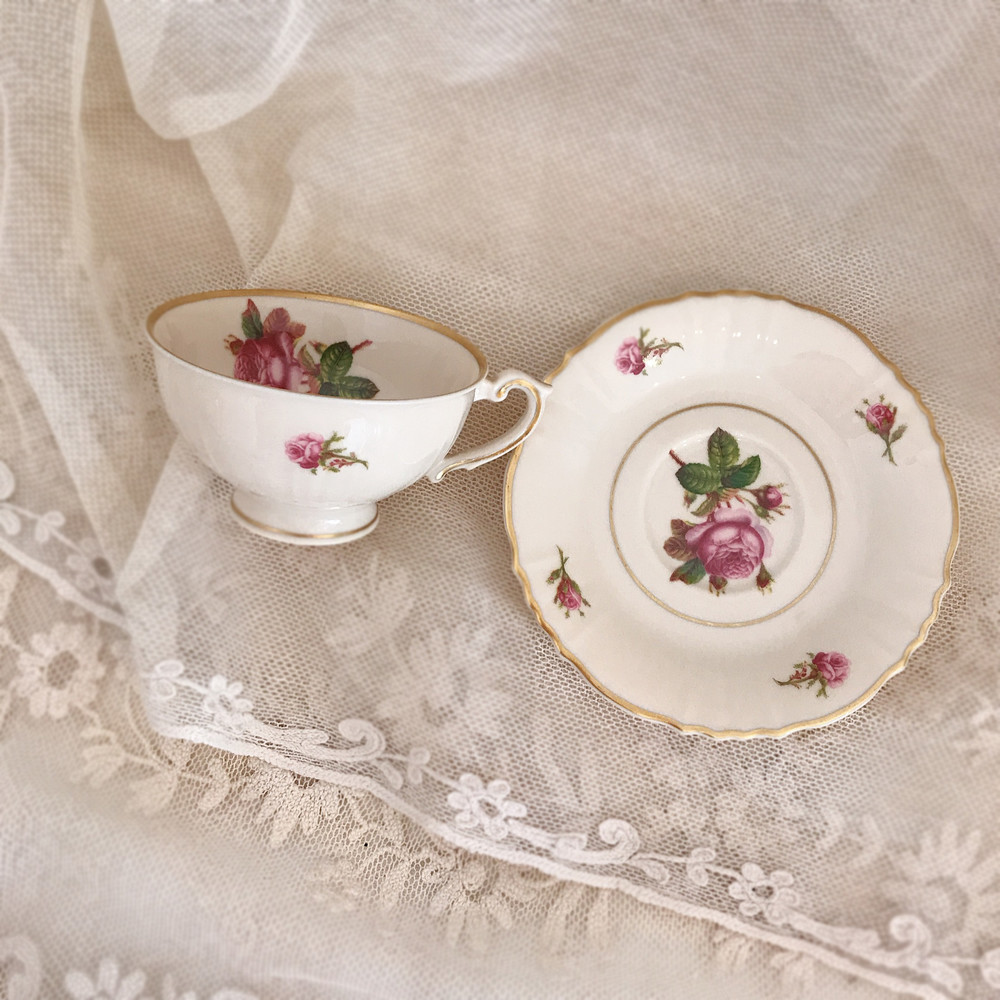 vintage romantic rose cup saucer set