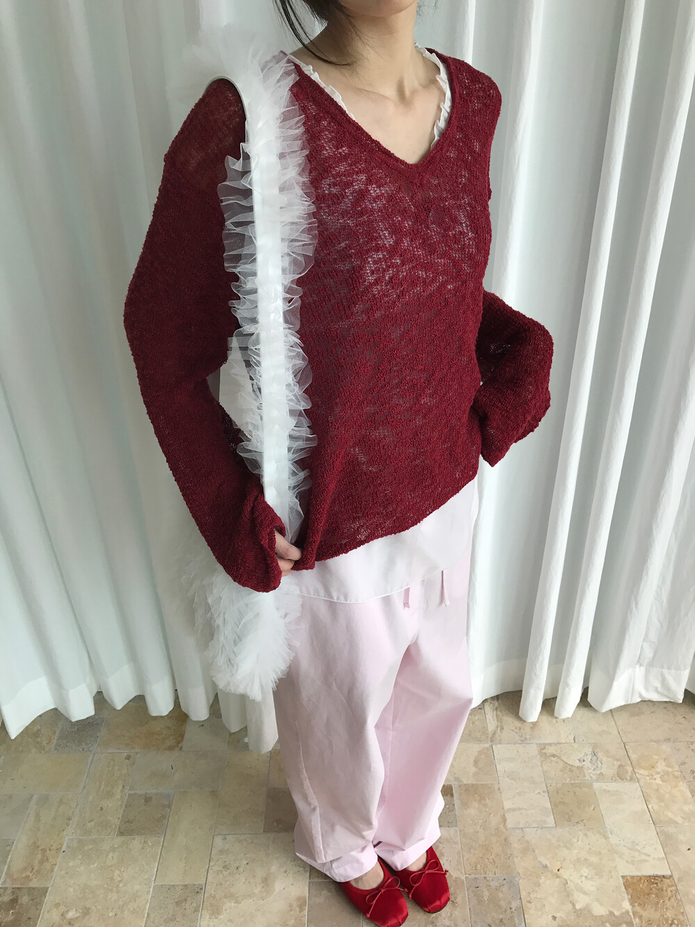 Slab Loose V-neck Knit, Burgundy (2c)