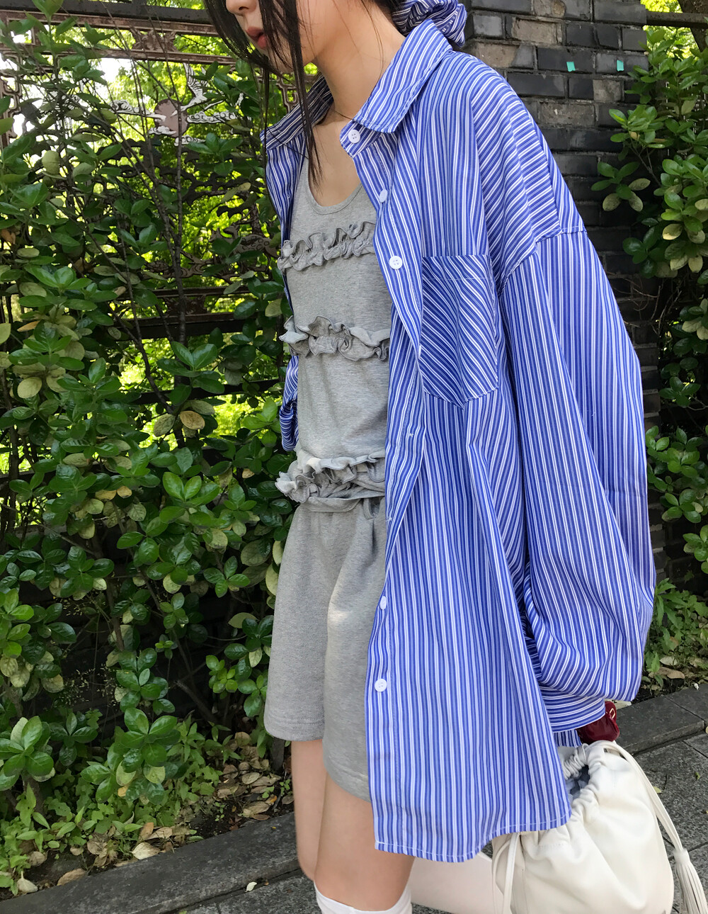 Scrunchy + Over Box Shirt Set, Blue Stripe (2c)