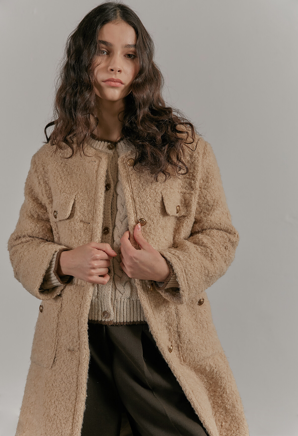 [J108] Boucle quilted long jacket - Beige (Muffler SET)