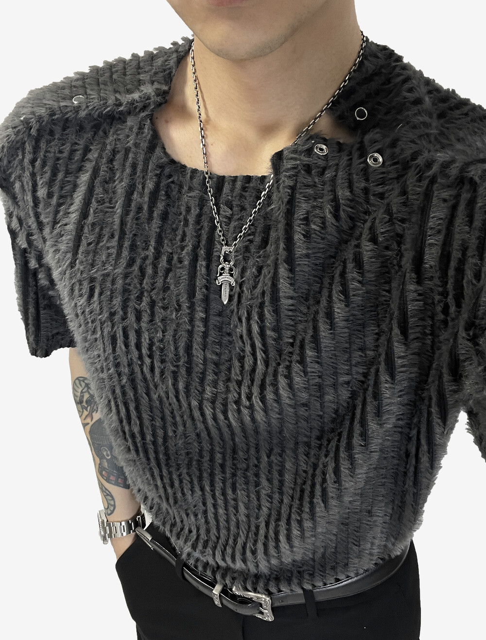 half fur stripe snap knit