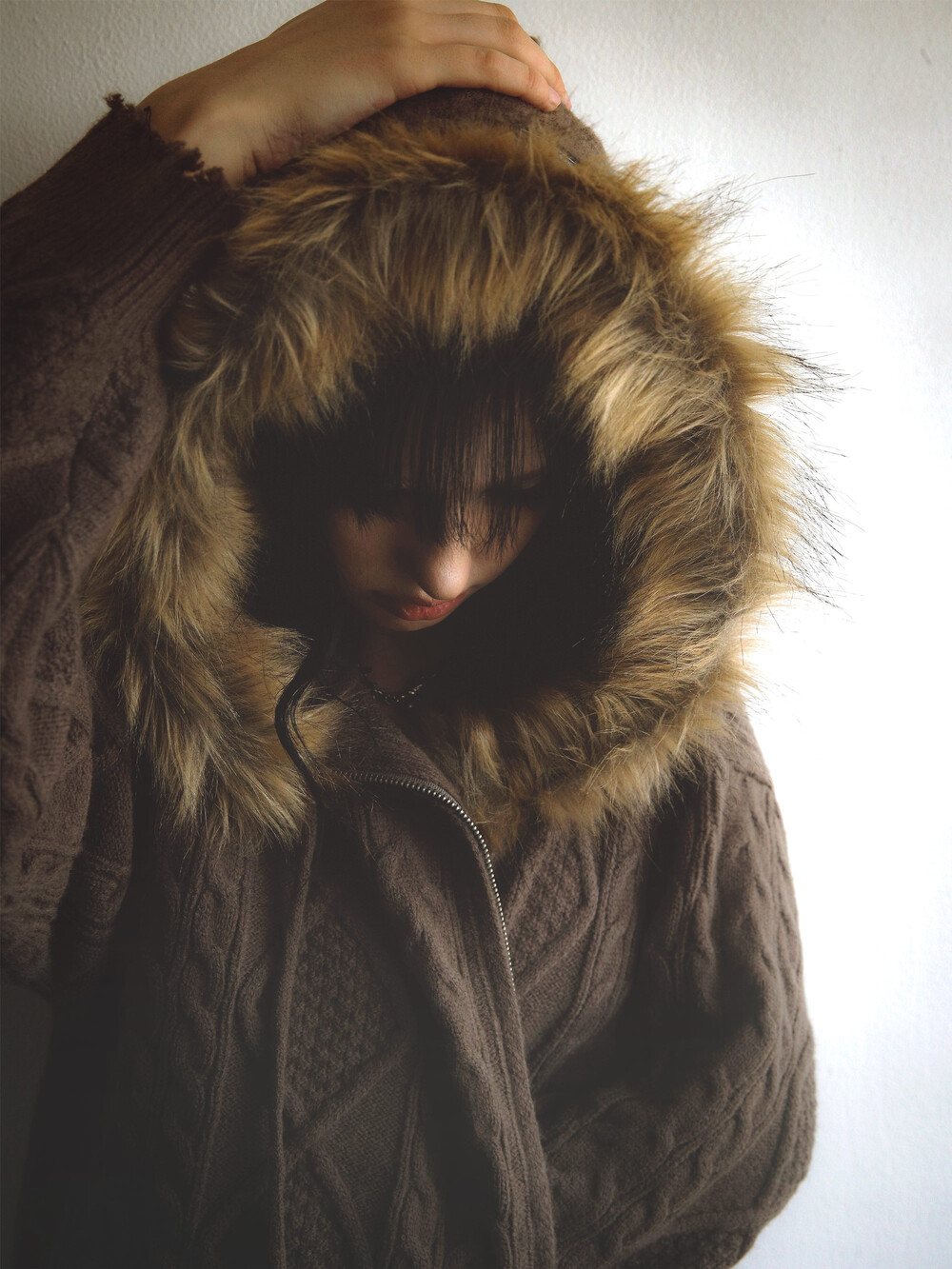 Removable Shearling Knit Hoodie Zip Brown