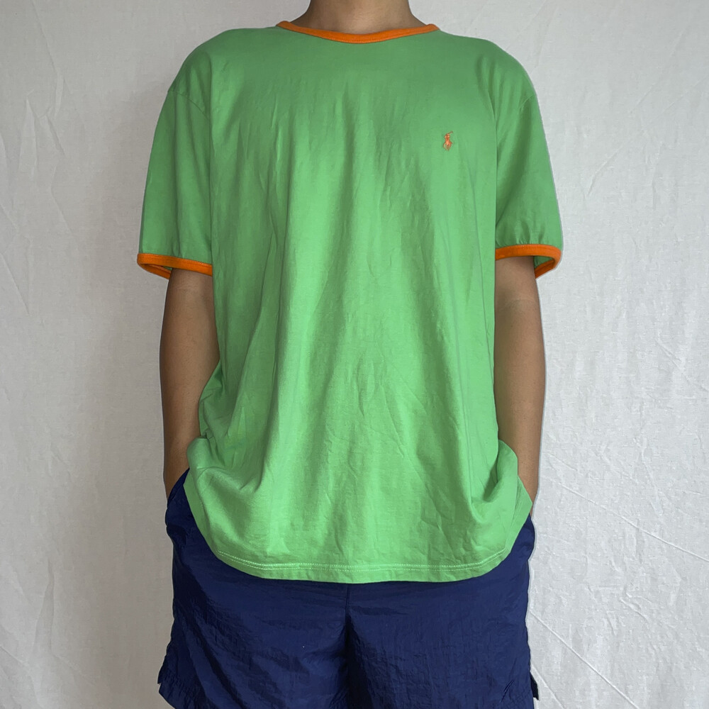1990s POLO RALPH LAUREN - Ringer T Shirt (Green & Orange) *USA FABRIC