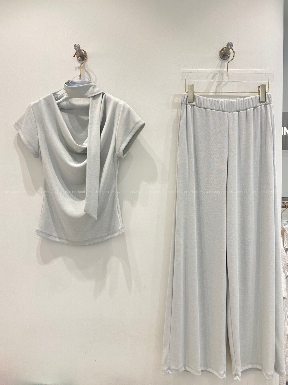 (quality line) 드레이프 반팔 타이 set (3col) 와이드 팬츠 세트