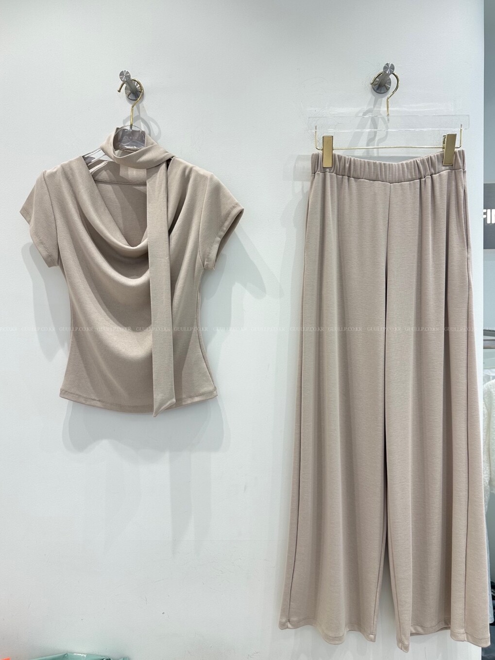 (quality line) 드레이프 반팔 타이 set (3col) 와이드 팬츠 세트