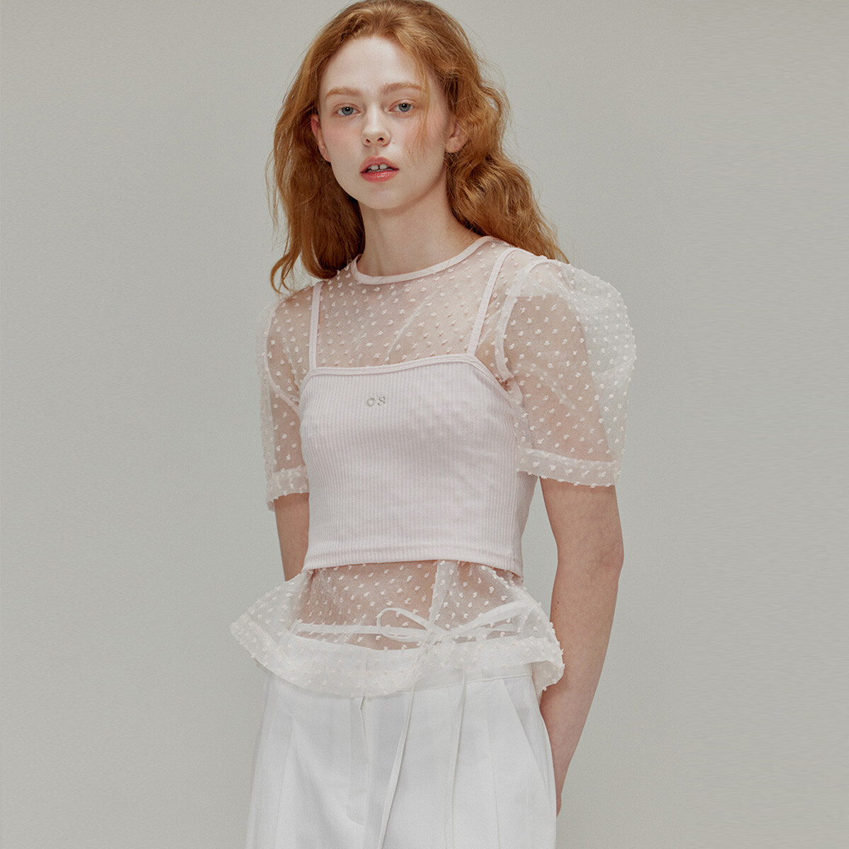 Popcorn see-through ribbon top set_Fuzzy pink