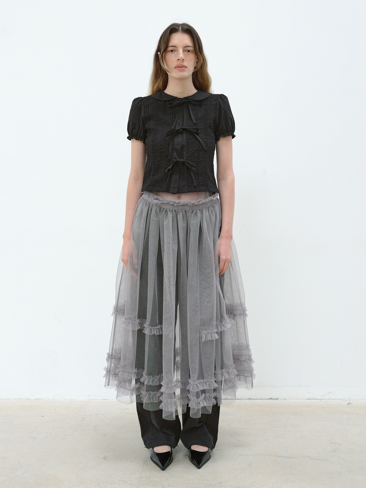 SHEER FRILL LAYERED DRESS - GRAY