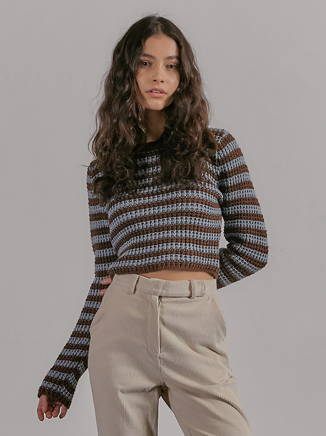 [R902] Crop Dangara Back Button Knit - Brown