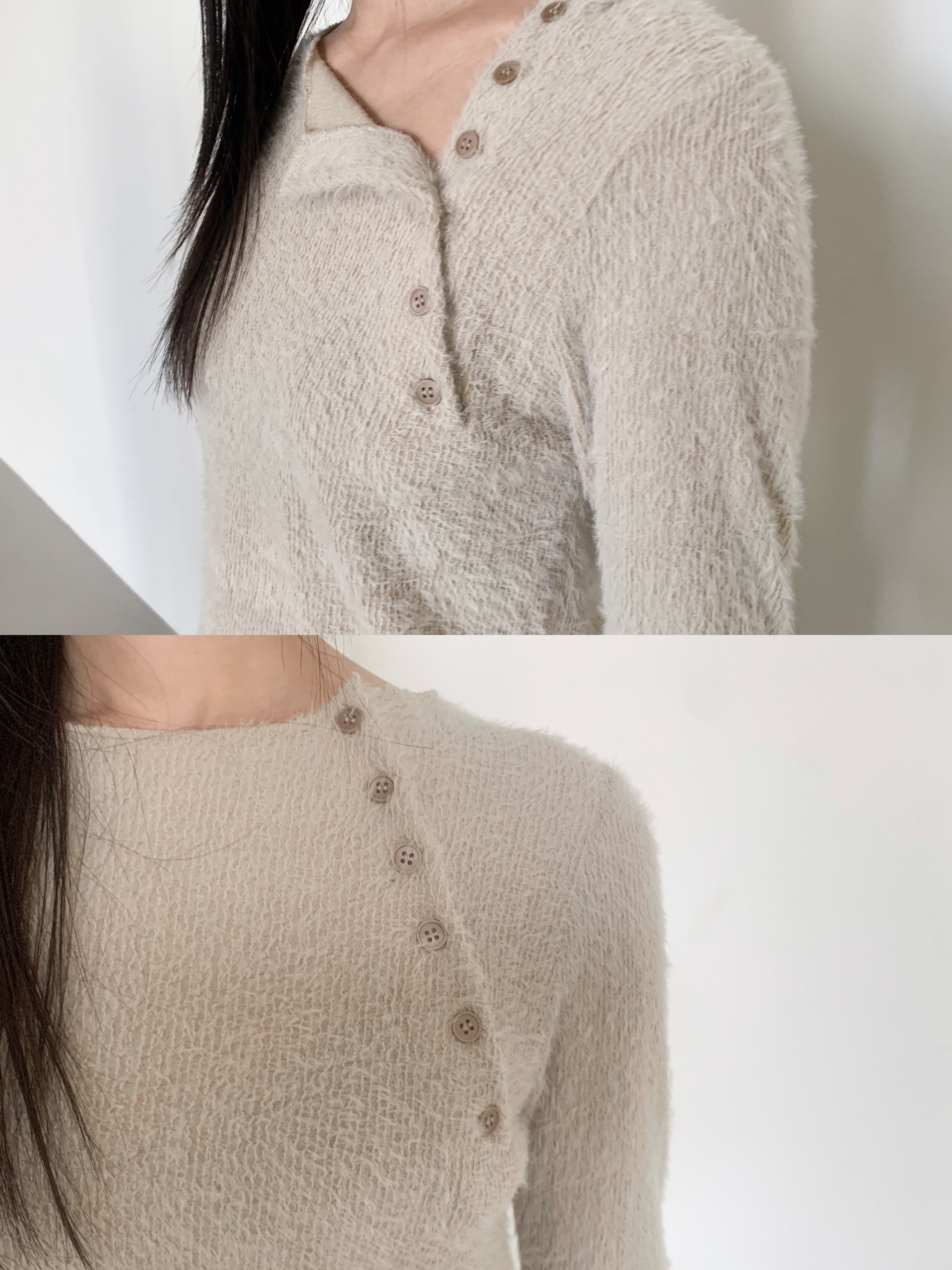 SHAGGY DIAGONAL BUTTON KNIT (3COLOR)