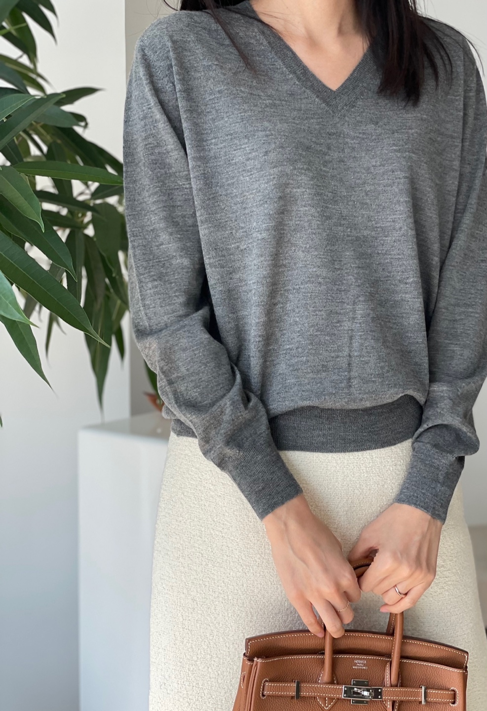 Cashmere100 v-neck cashmere knit top - D/Gray