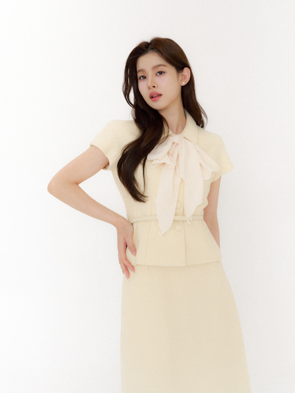 Ribbon Tweed Cap-sleeve Jacket/ Yellow