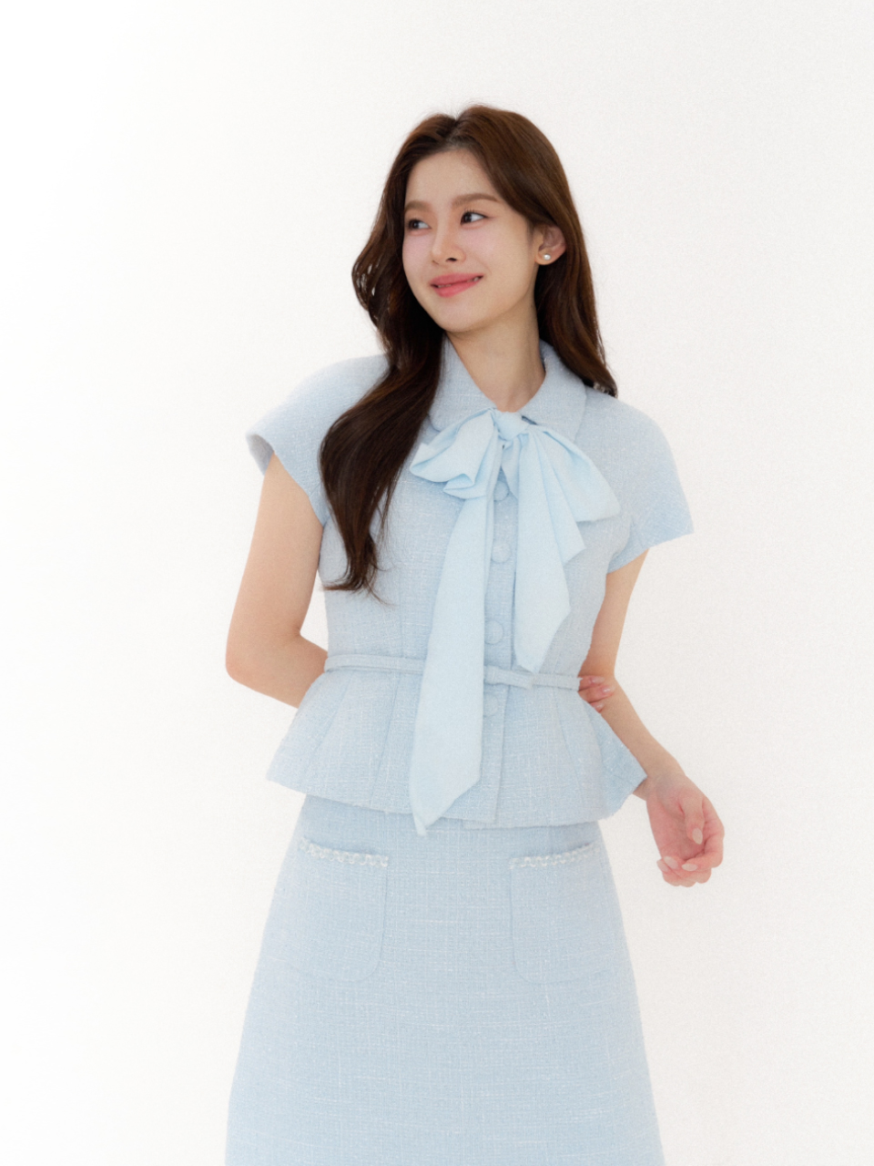 [SECRET] Ribbon Tweed Cap-sleeve Jacket/ Blue