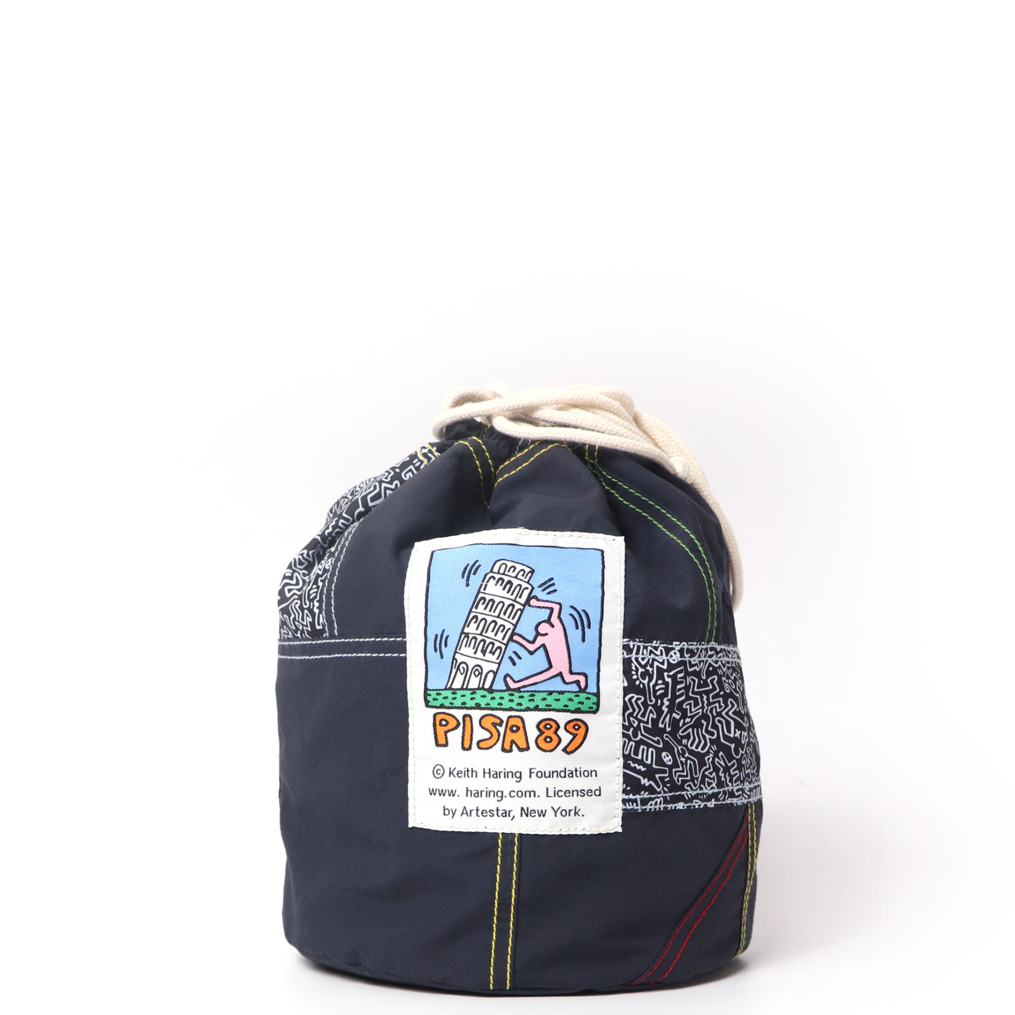 Patchwork string bucket pouch _ multi stitch