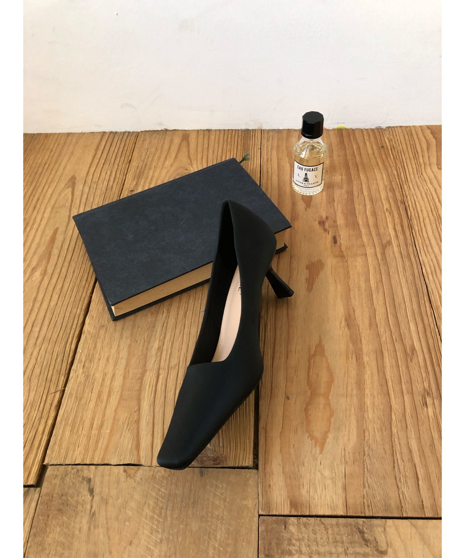 Black satin square pumps