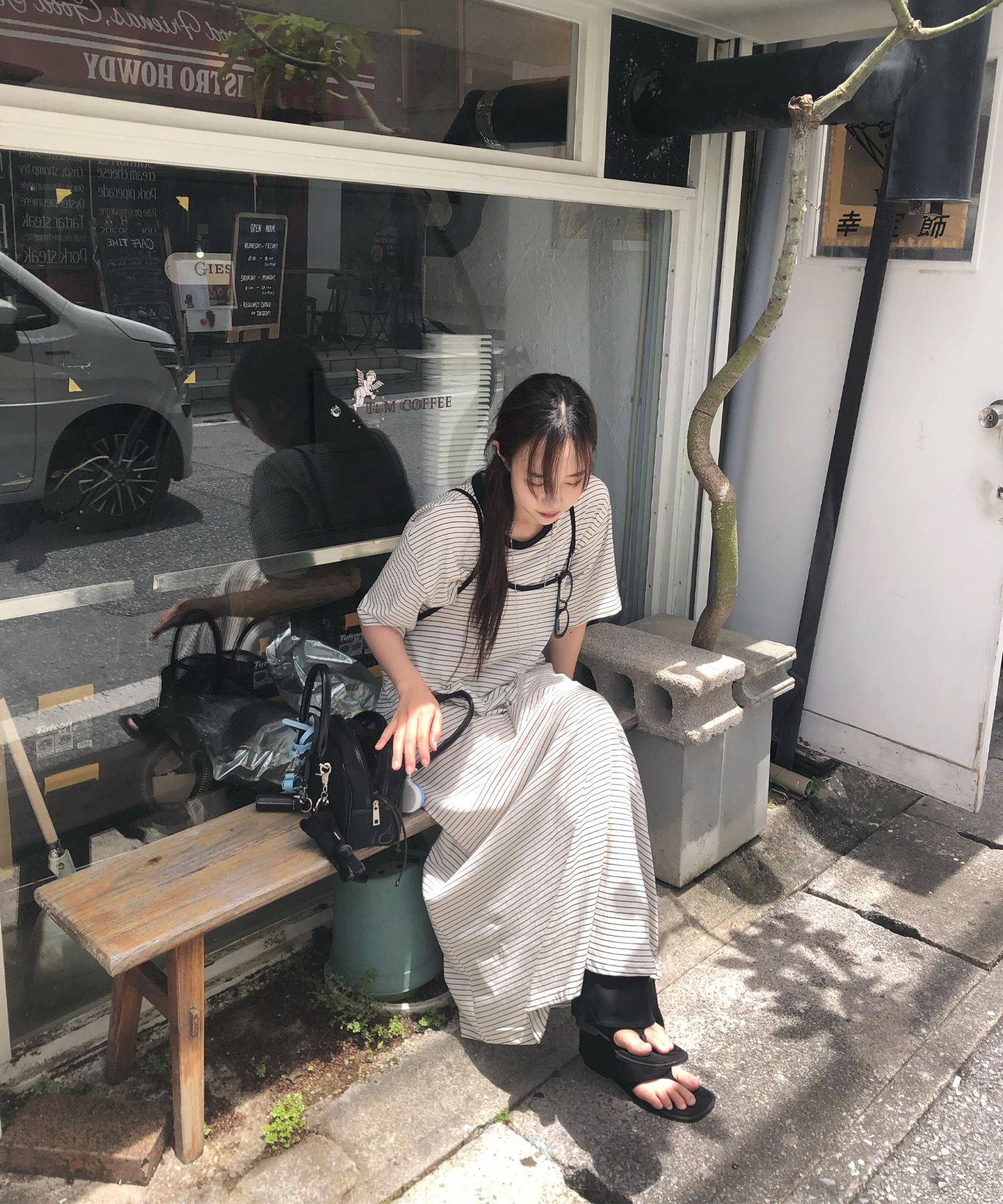 Loose fit stripe ops set-cream