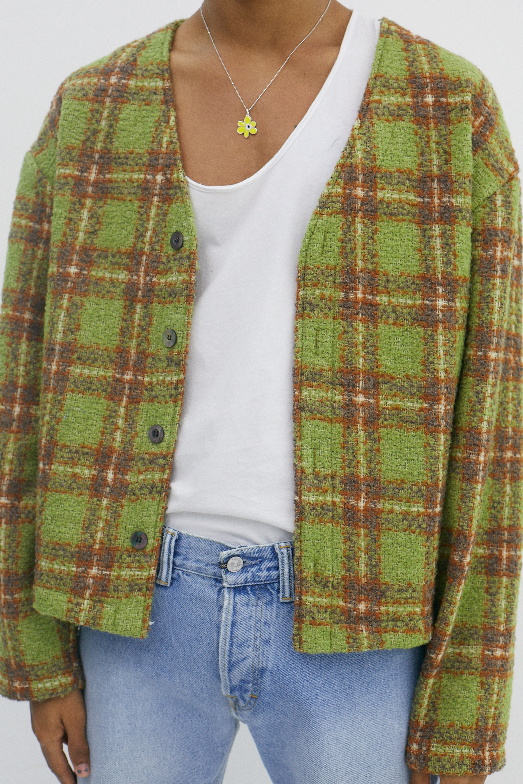 Green check tweed cardigan
